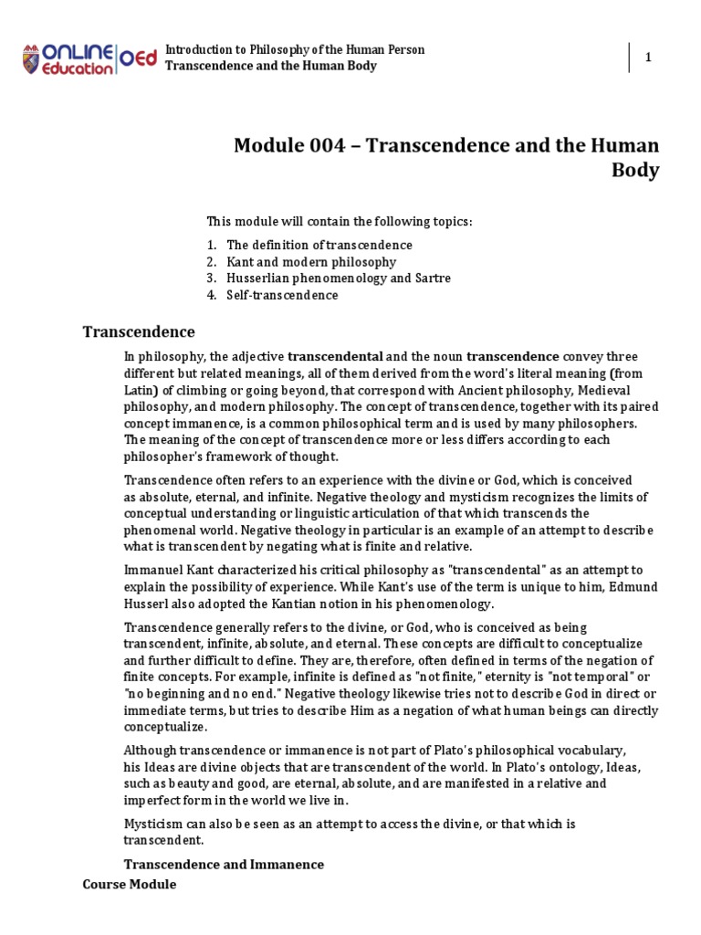 Module 004 - Transcendence and The Human Body | PDF | Transcendence ...