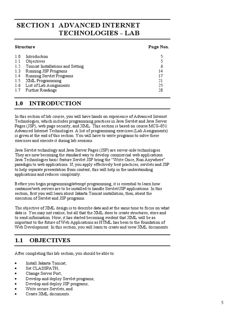Section 1 Advanced Internet Technologies LAB: Structure Page Nos | PDF | Java Servlet | Java ...
