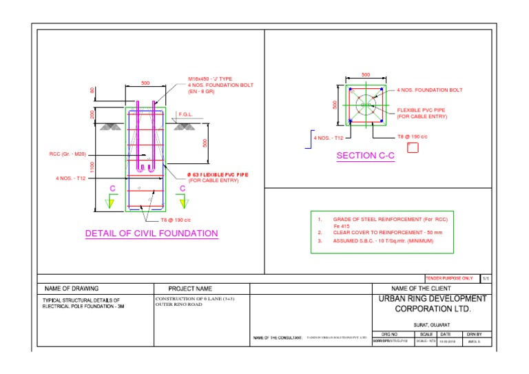 Detail drawing of reinforced concrete foundation for telecom tower ...