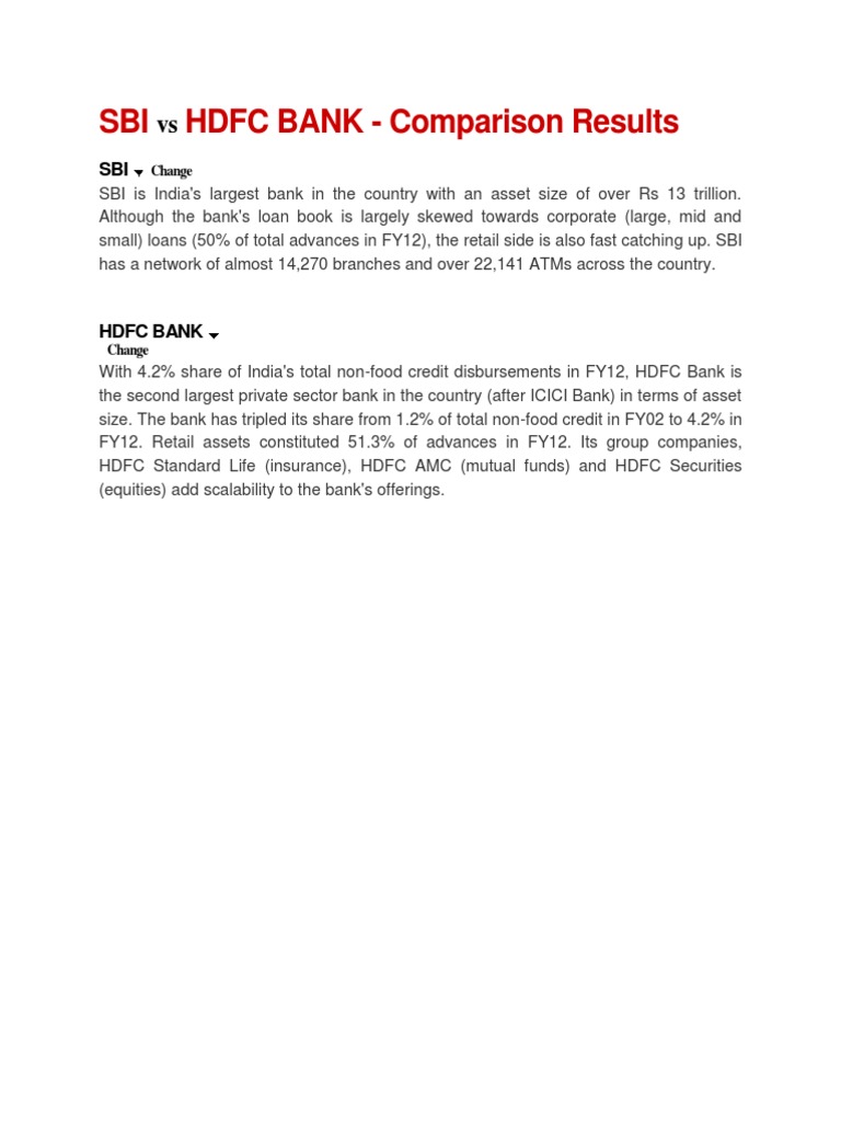 SBI vs HDFC Bank: Key Comparison Insights | PDF | Finance & Money ...