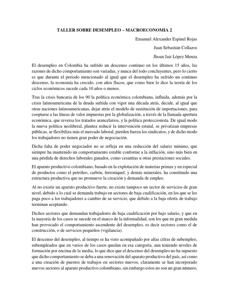 Taller Sobre Desempleo | PDF | Desempleo | Ciencias sociales