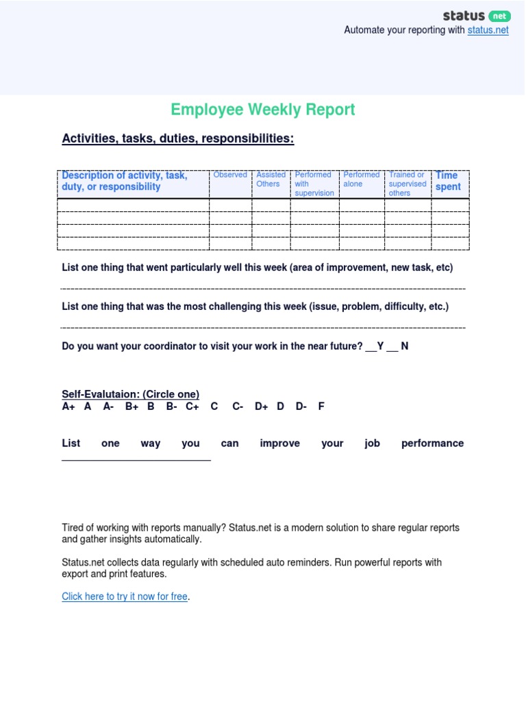 Weekly Report Template Employee Weekly Report | PDF
