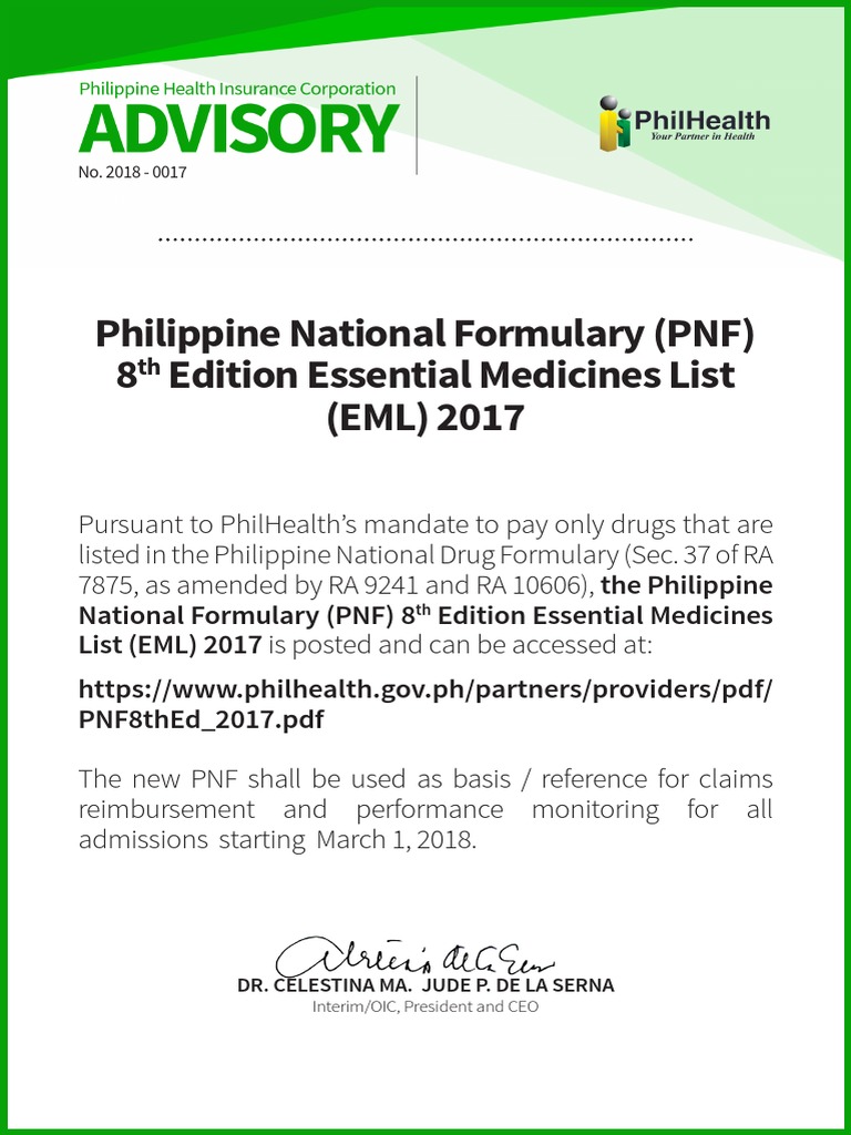 Philippine National Formulary (PNF) 8 Edition Essential Medicines List ...