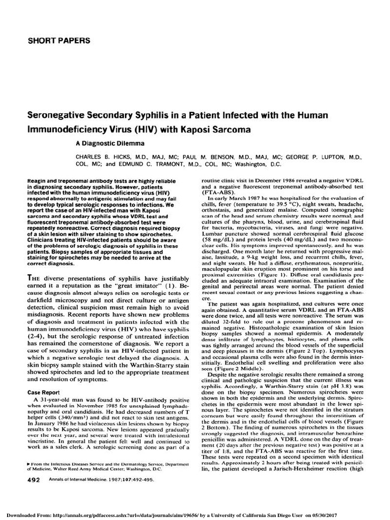 Seronegative Secondary Syphilis in an HIV-Infected Patient with Kaposi ...