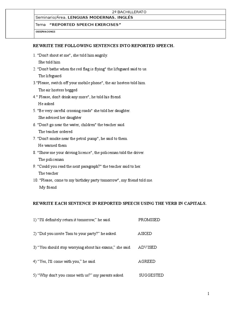 2º BACHILLERATO Exercises Reported Speech | PDF | Mystery, Thriller ...