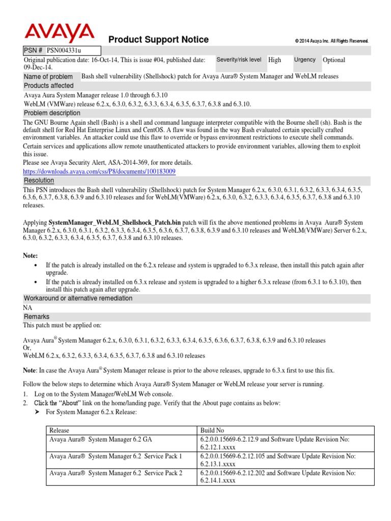 Bash Shell Vulnerability (Shellshock) Patch For Avaya Aura® System ... Bash Shell Vulnerability (Shellshock) Patch For Avaya Aura® System ...