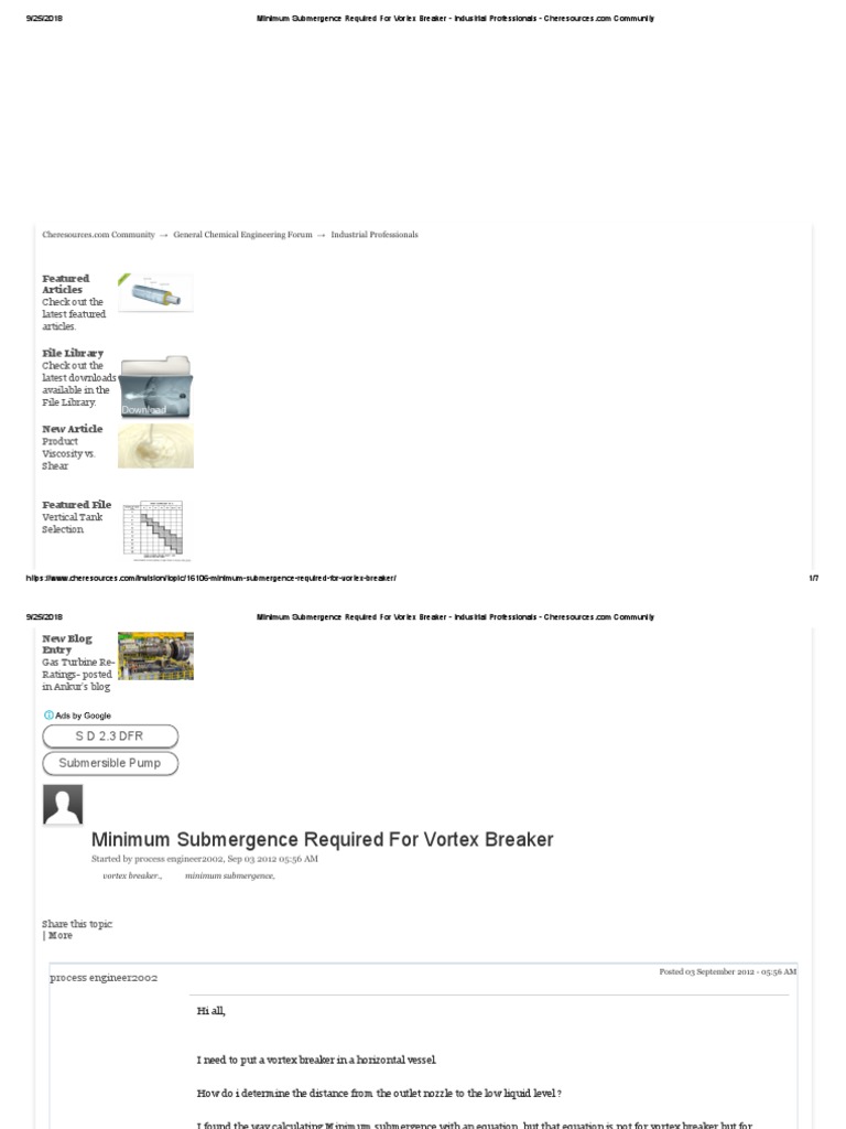 Minimum Submergence Required For Vortex Breaker - Industrial ...