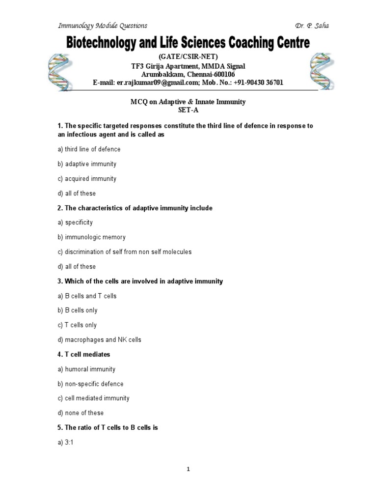 MCQ Adaptive and Innate Immunity SET-A | PDF | Adaptive Immune System | Immune System