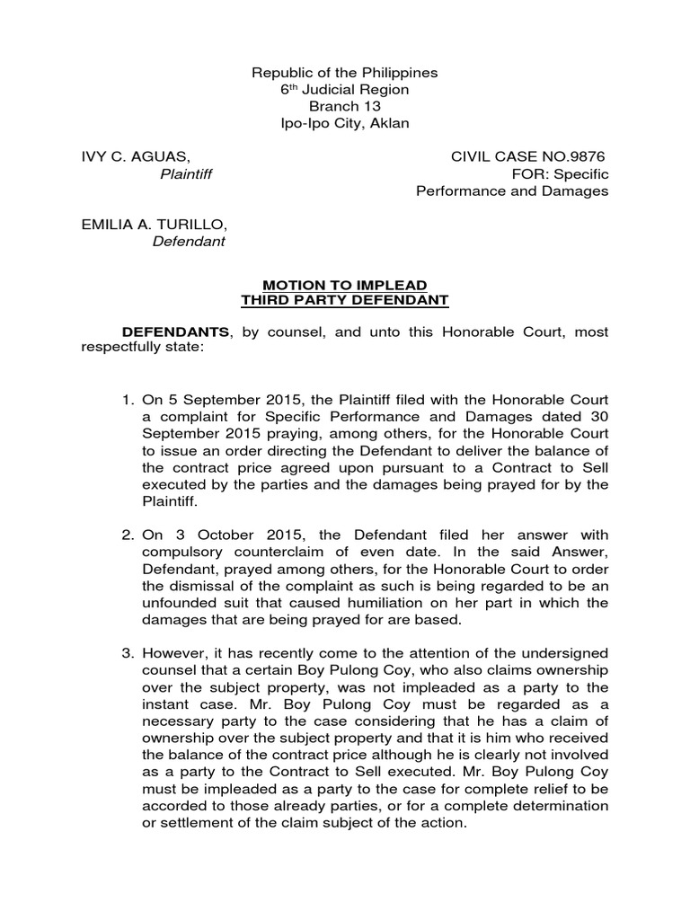 Plaintiff: Motion To Implead Third Party Defendant DEFENDANTS, by ...
