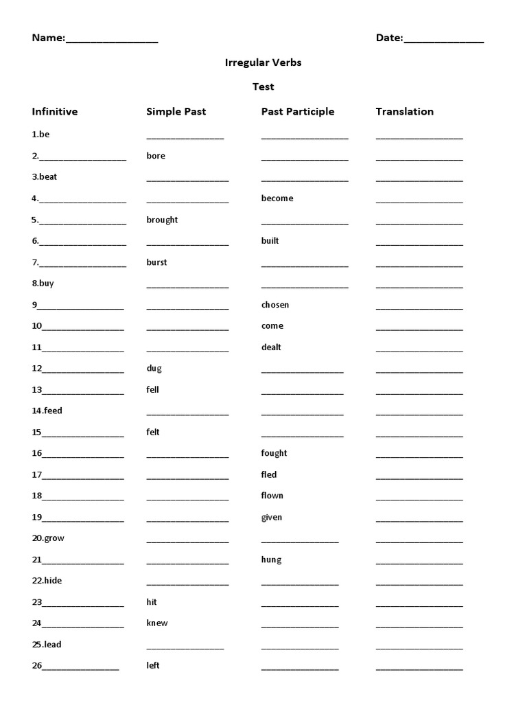 Test of Irregular Verbs 2 Pages | PDF | Syntactic Relationships ...