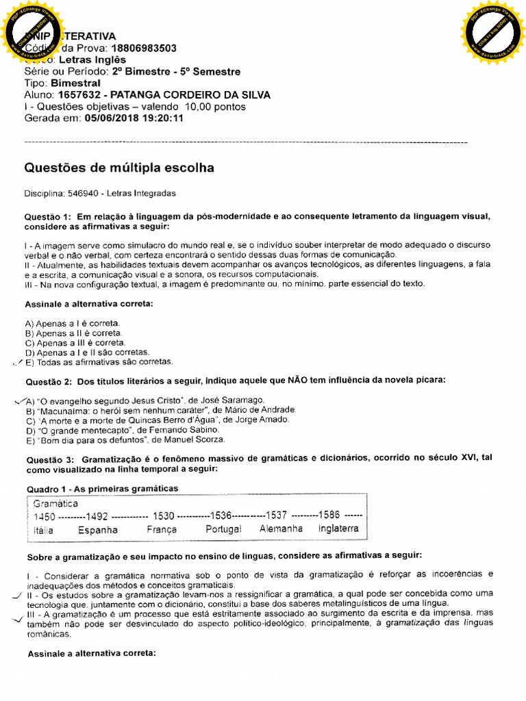 Letras Unip Prova Integrada Com Gabarito PDF | PDF