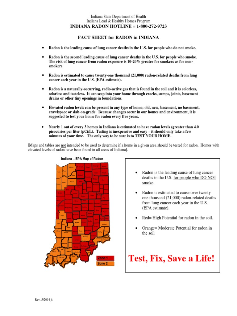 Test, Fix, Save A Life!: INDIANA RADON HOTLINE 1-800-272-9723 Fact ...