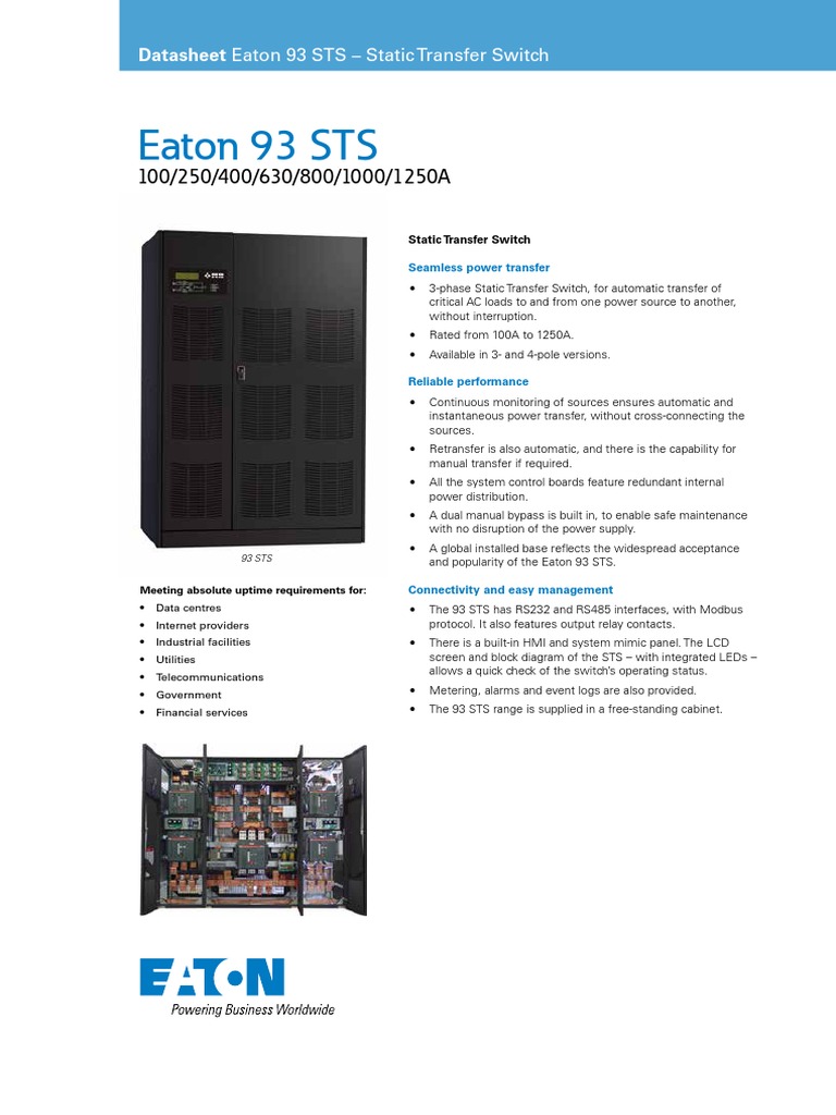 Datasheet Eaton 93 STS - Static Transfer Switch | PDF | Relay | Switch