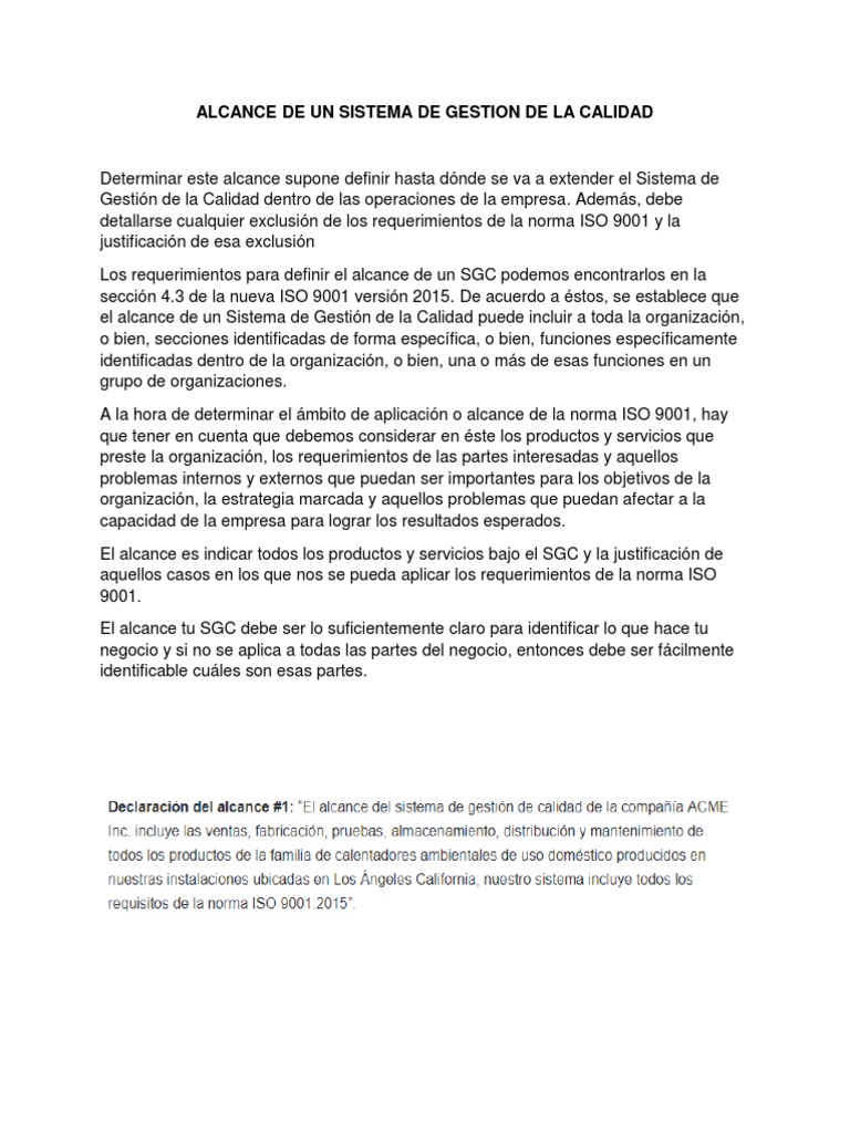 Ejemplos Alcance Del Sistema De Gestin De Calidad