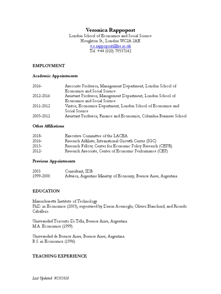 CV Verónica Rappoport - 2018 | PDF | Academia | Economics