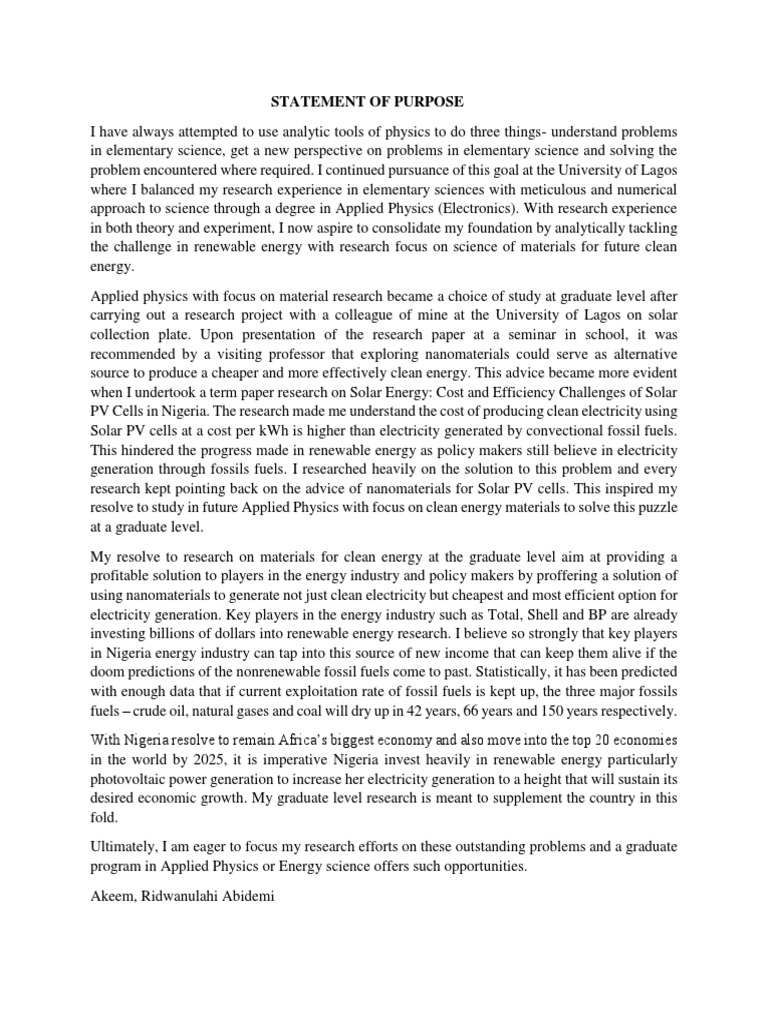 Statement of Purpose | Download Free PDF | Renewable Energy | Photovoltaics