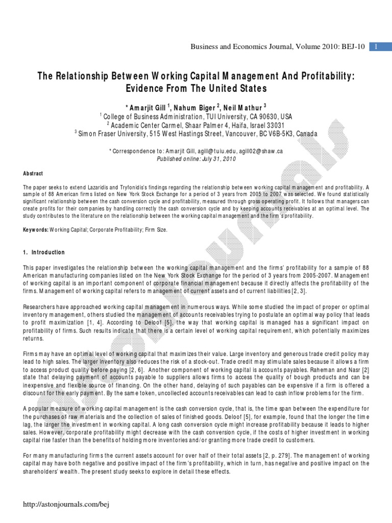 Working Capital & Profitability | PDF | Business | Finance & Money Management