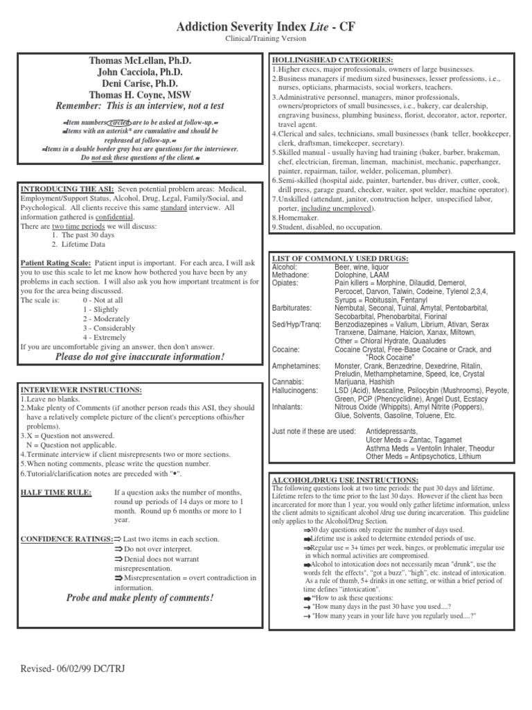 Addiction Severity Index Lite - CF: Thomas Mclellan, Ph.D. John ...
