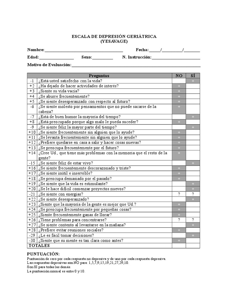 Escala de Depresion Geriatrica (Yesavage) Nuevo | PDF | Depresión ...