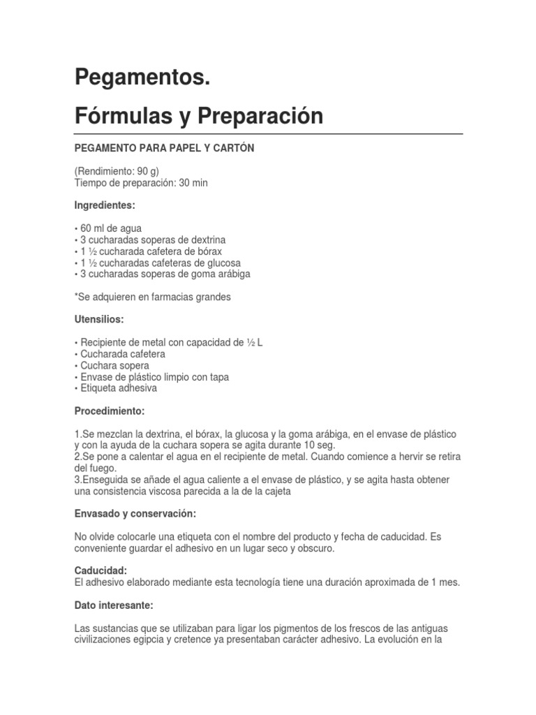 Pegamentos. Fórmulas y Procedimientos de Preparación | PDF | Aluminio | Cuchara