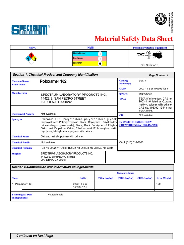 Material Safety Data Sheet: Poloxamer 182 | PDF | Toxicity | Biodegradation