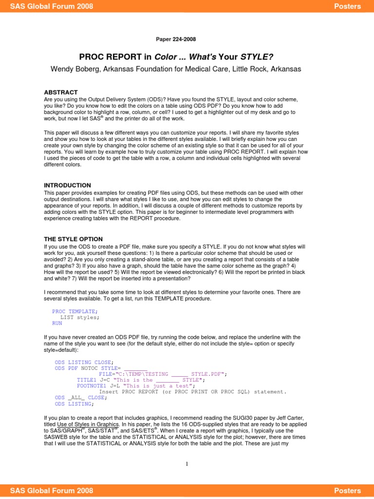 Proc Report With Colour | PDF | Sas (Software) | Variable (Computer ...