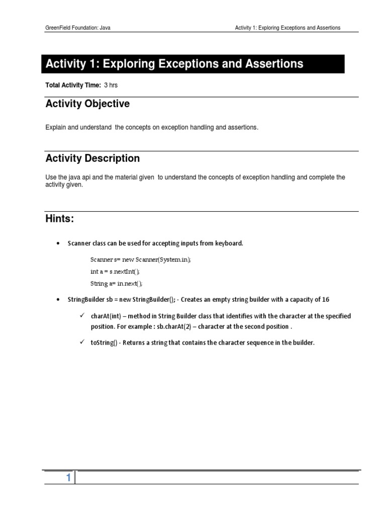 Activity 1 Exploring Exceptions And Assertions Pdf String Computer Science Class