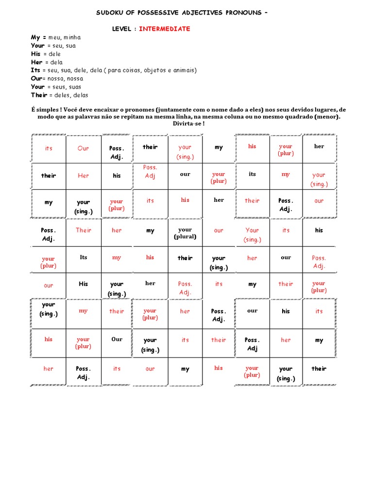 Intermediate Possessive Adjectives Sudoku | PDF | Linguistic Morphology ...