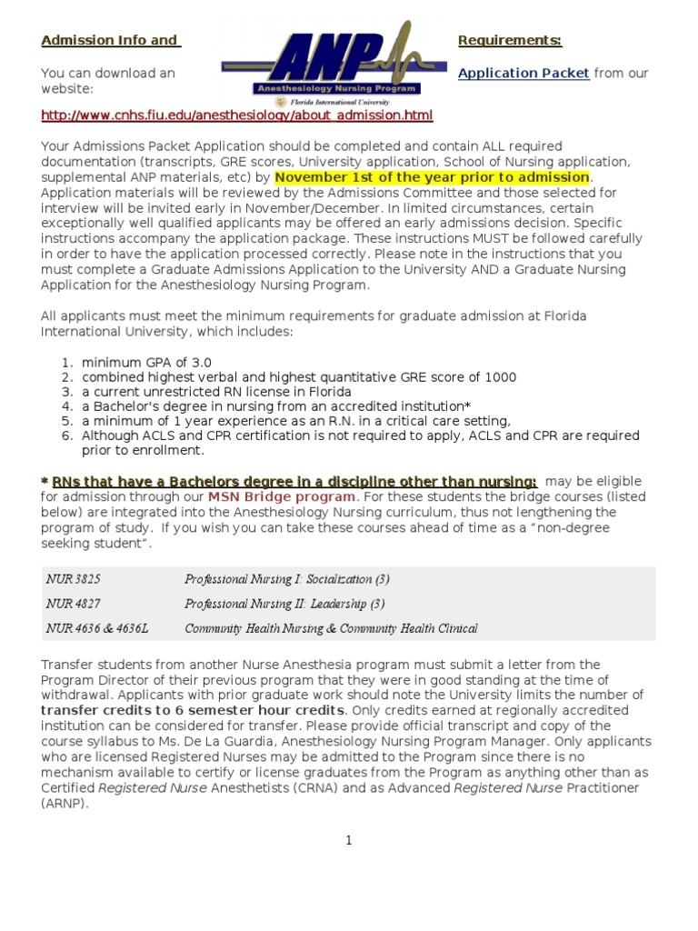 FIU Anesthesiology Nursing Program Requirements | PDF | Nursing ...