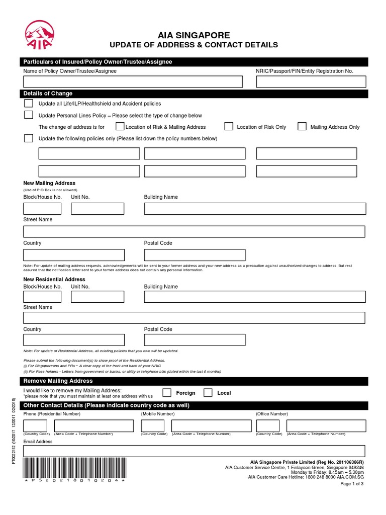 AIA Singapore Address Update Form | PDF | Address (Geography) | Policy