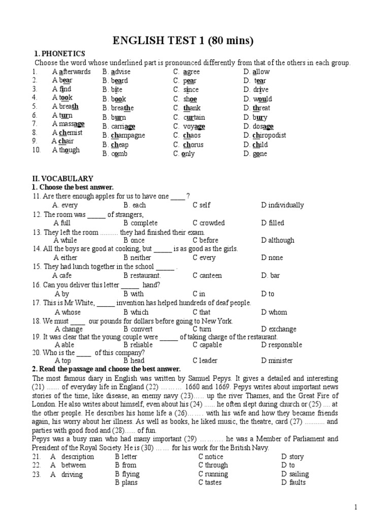 ENGLISH TEST 1 (80 Mins) | PDF | Time Management | Professional Skills