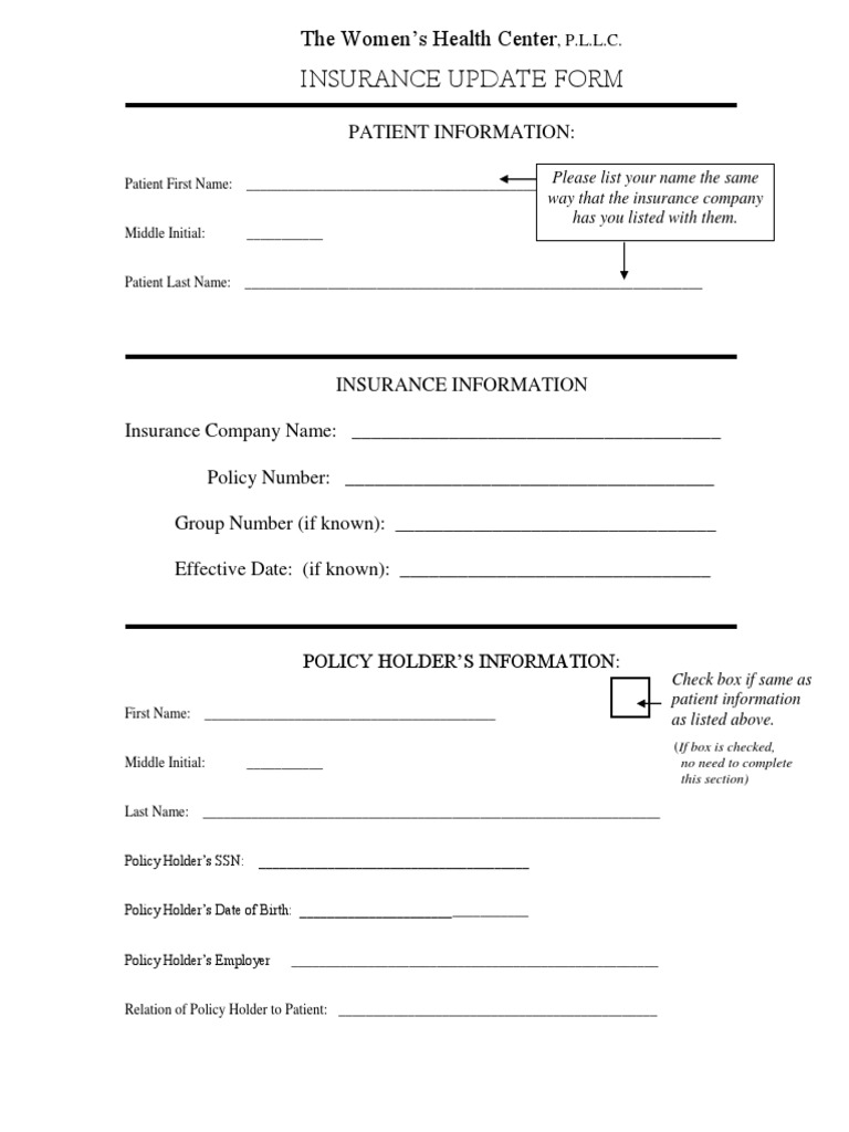 Insurance Update Form: The Women's Health Center | PDF | Career ...