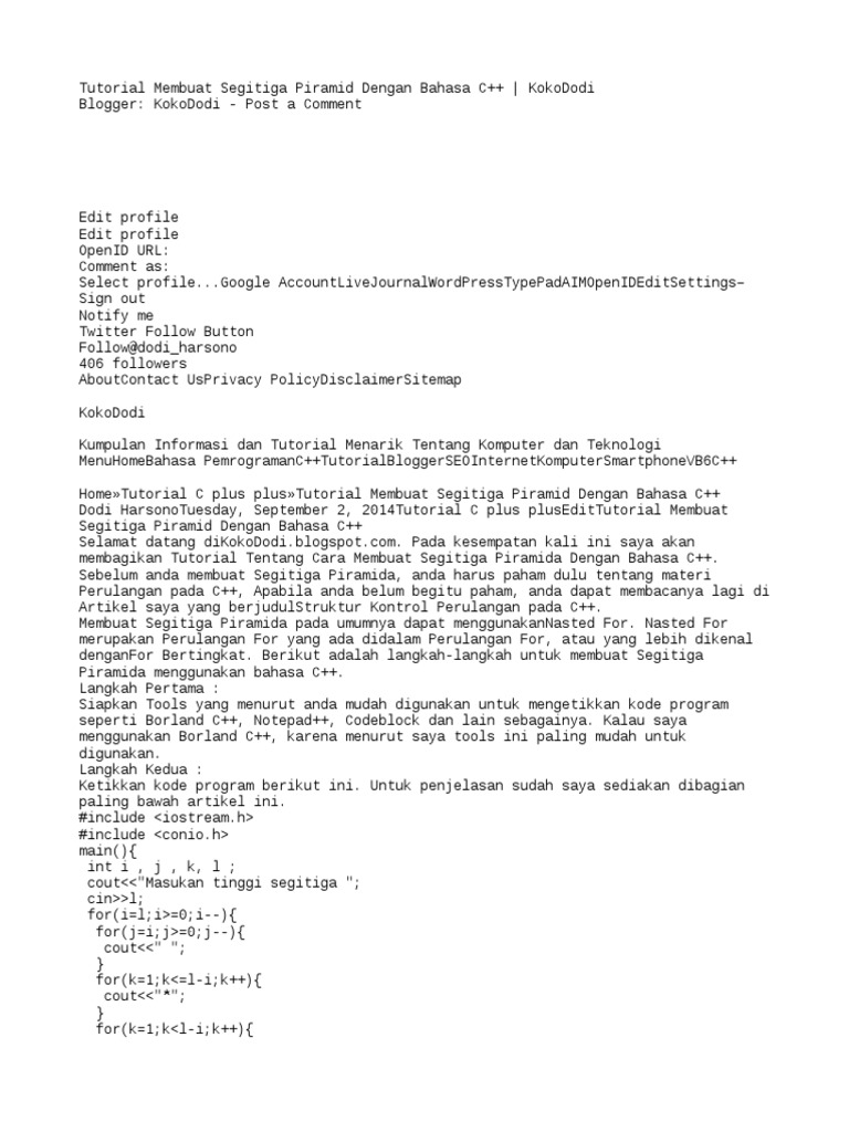 Tutorial Membuat Segitiga Piramid Dengan Bahasa C++ KokoDodi | PDF