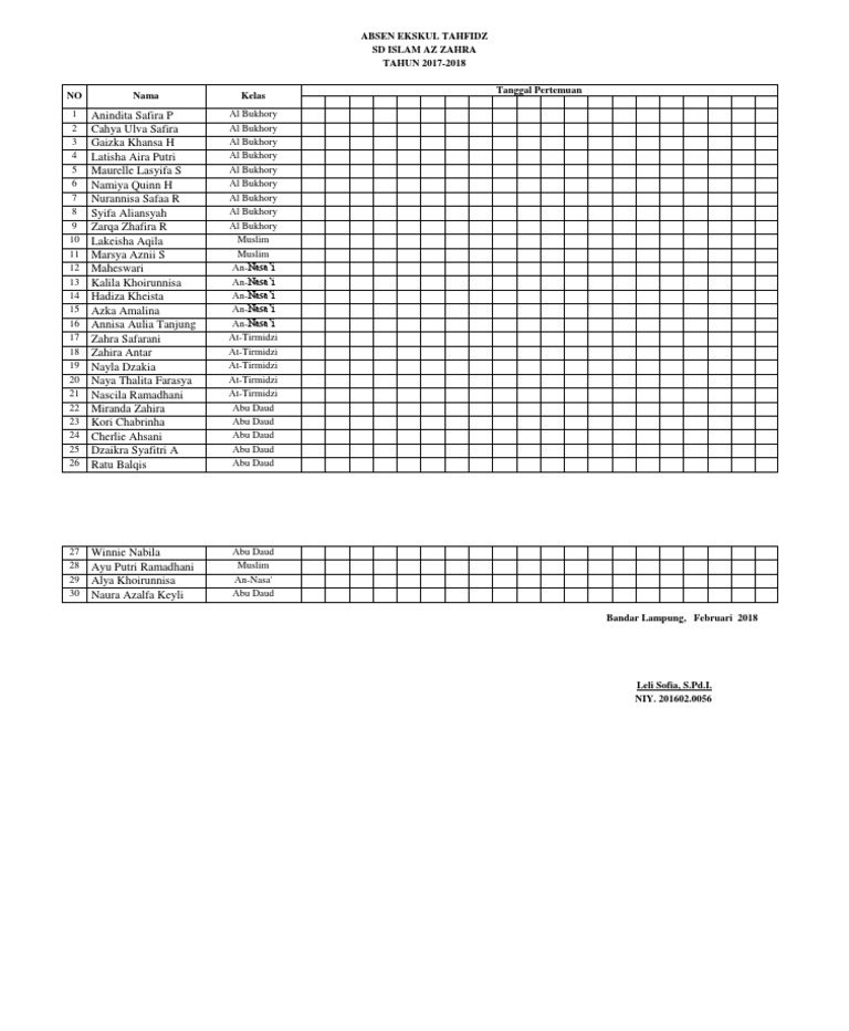 Absen Ekskul Tahfidz | PDF
