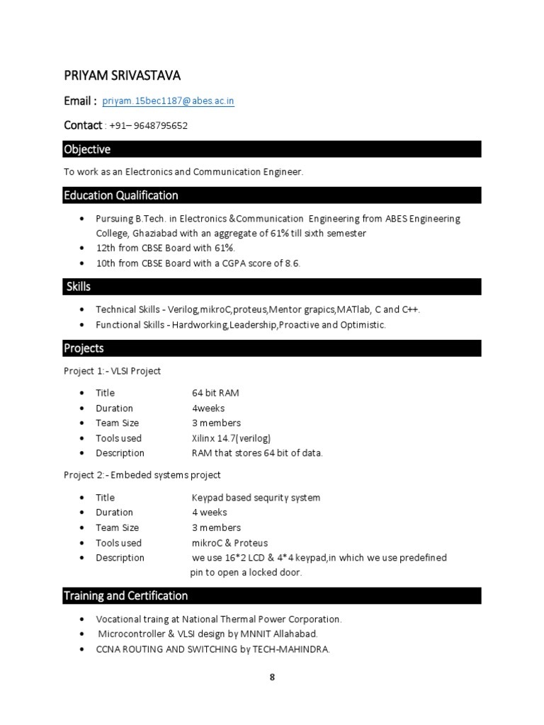 Priyam Srivastava's Engineering Resume | PDF