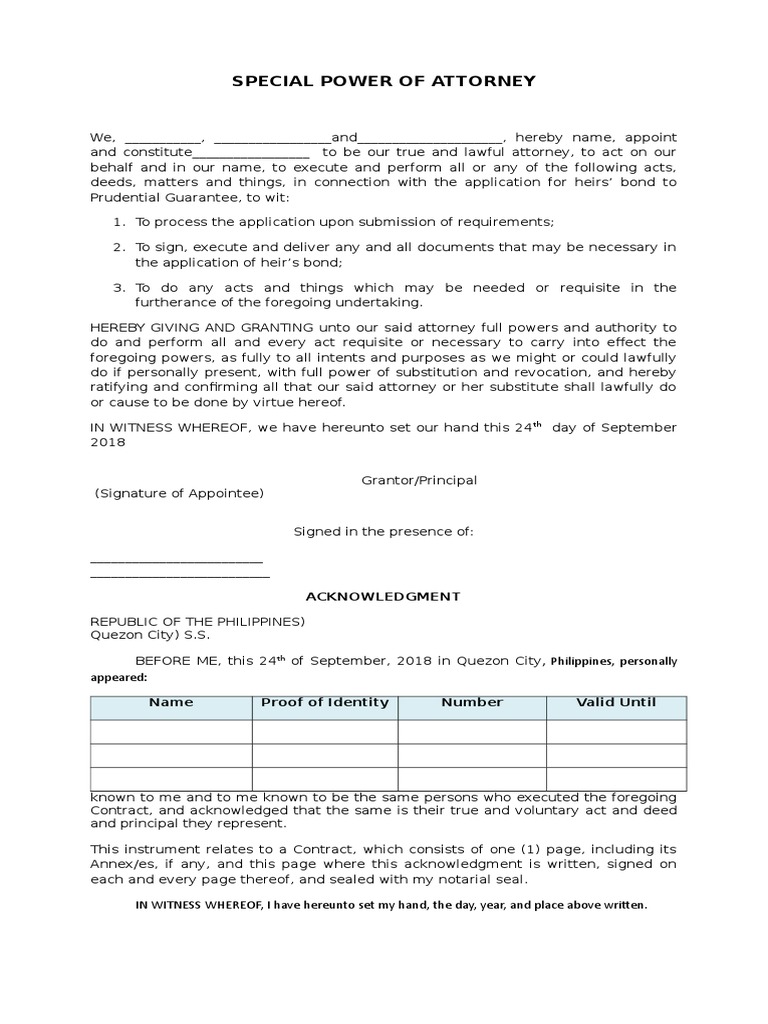 Special Power of Attorney - Heirs' Bond | PDF