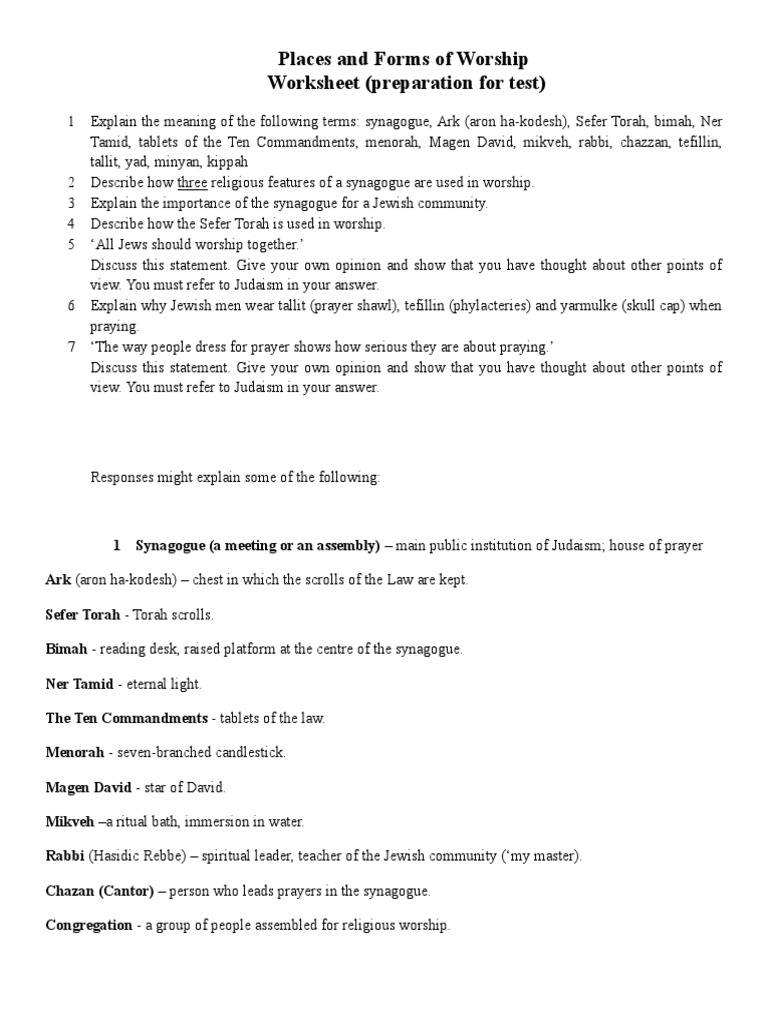 Places and Forms of Worship Worksheet For Test Judaism IGCSE | PDF ...