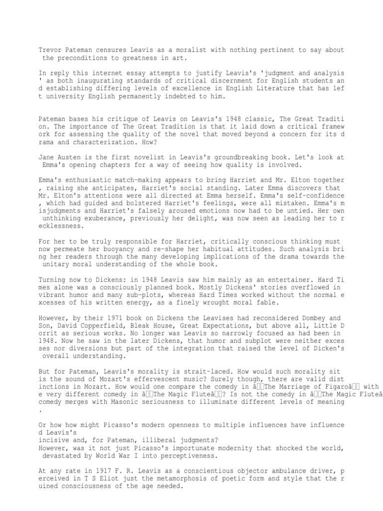 The Continuing Relevance of F. R. Leavis | PDF | Emma (Novel) | Novels