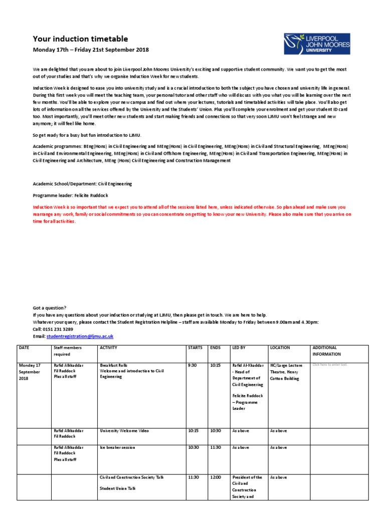 Your Induction Timetable: Monday 17th - Friday 21st September 2018 ...