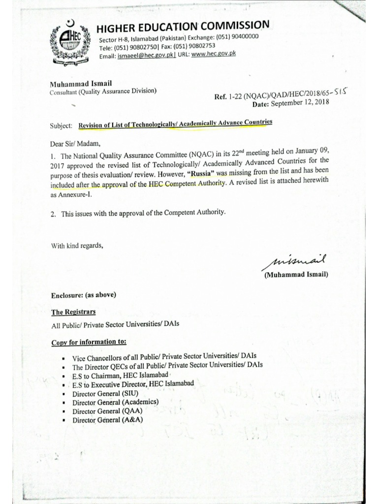 HEC Advance Countries List | PDF