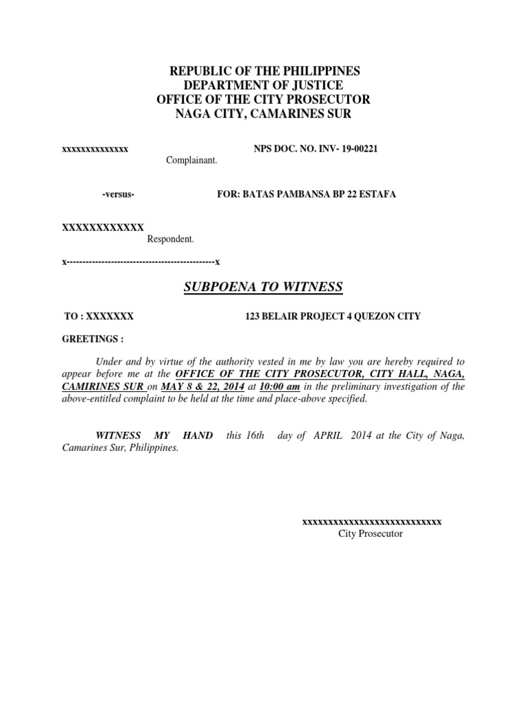 Subpoena witness fraud case Philippines | PDF