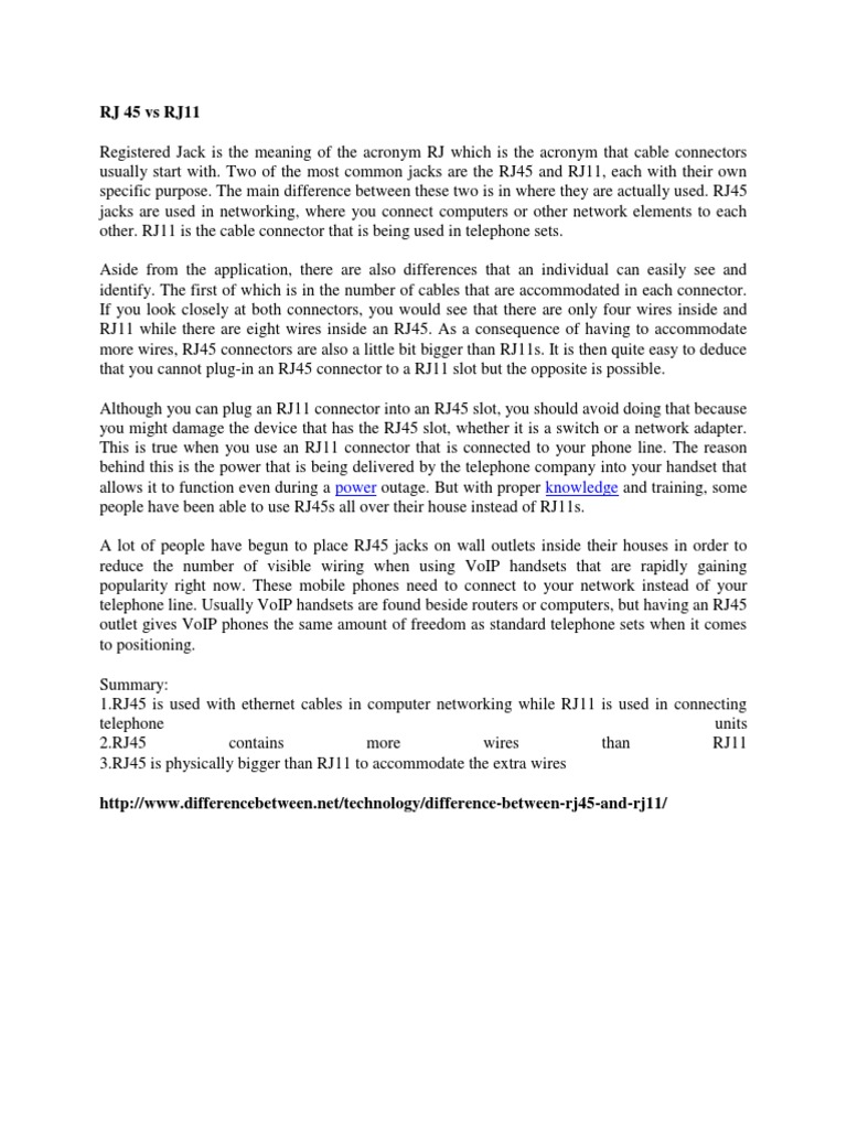 RJ 45 Vs RJ11 | PDF | Electrical Connector | Internet Protocols