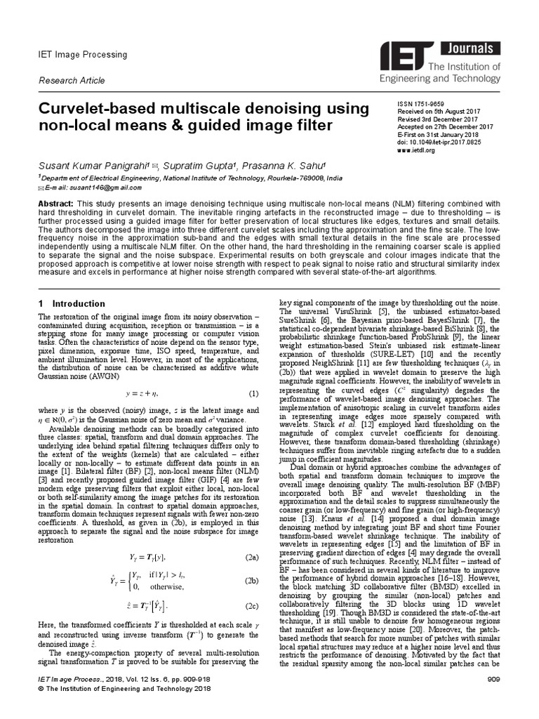 Curvelet Based Multiscale Denoising Using Non Local Means And Guided Image Filter Pdf Wavelet