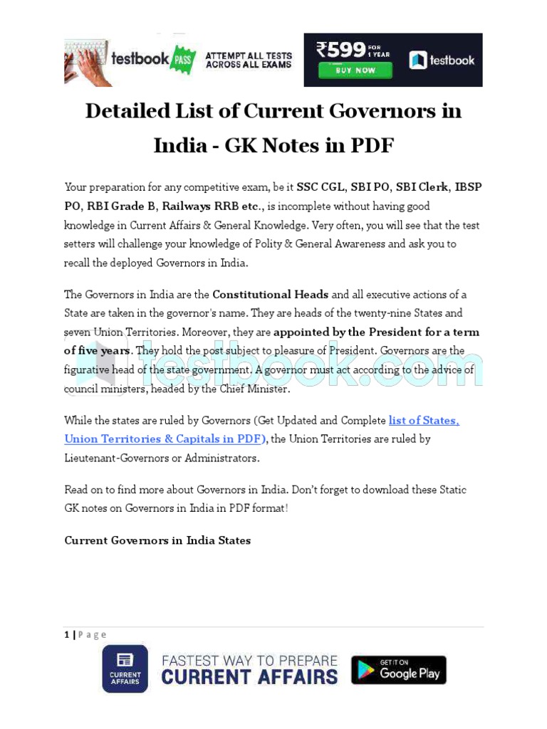 Detailed List of Current Governors in India PDF | PDF | Government Of ...