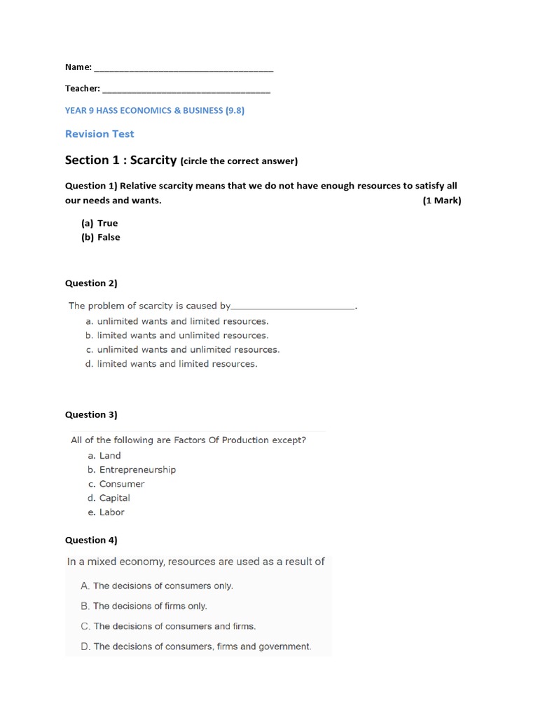Year 9 HASS Economics Revision Test | PDF