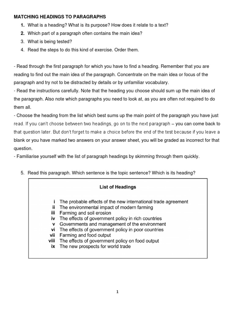Matching Headings To Paragraphs | PDF | Speed Reading | Question
