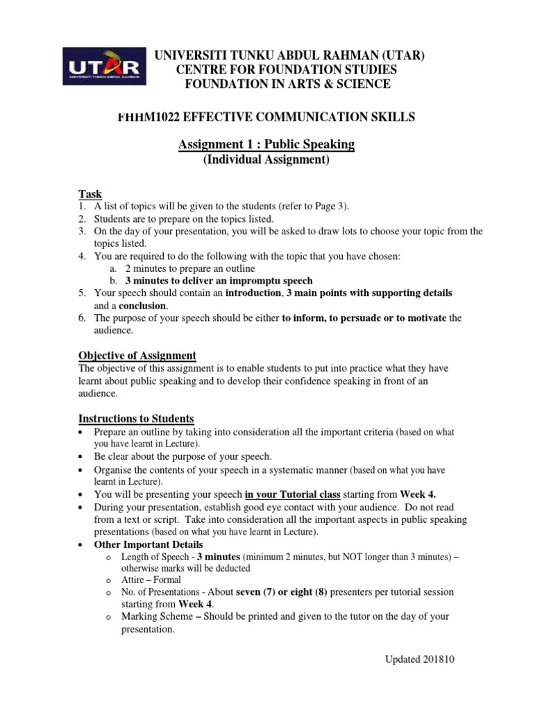 Assignment 1 - Public Speaking New | PDF | Lecture | Public Speaking