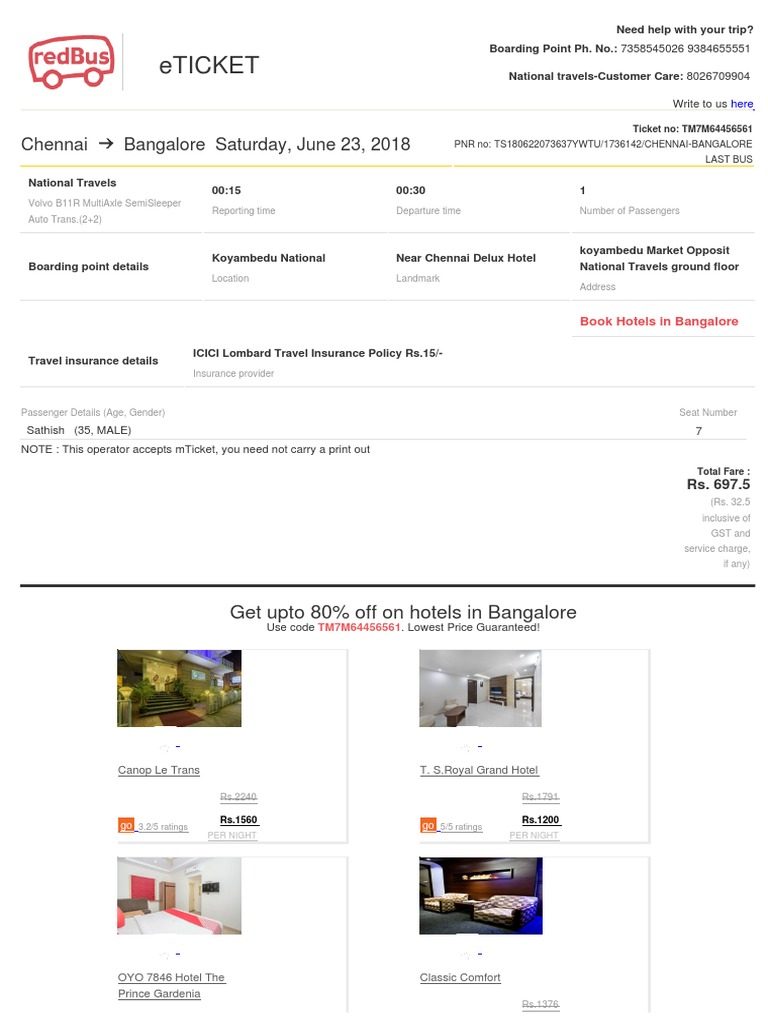 RedBus Ticket TM7M64456561 | PDF | Ticket (Admission) | Baggage