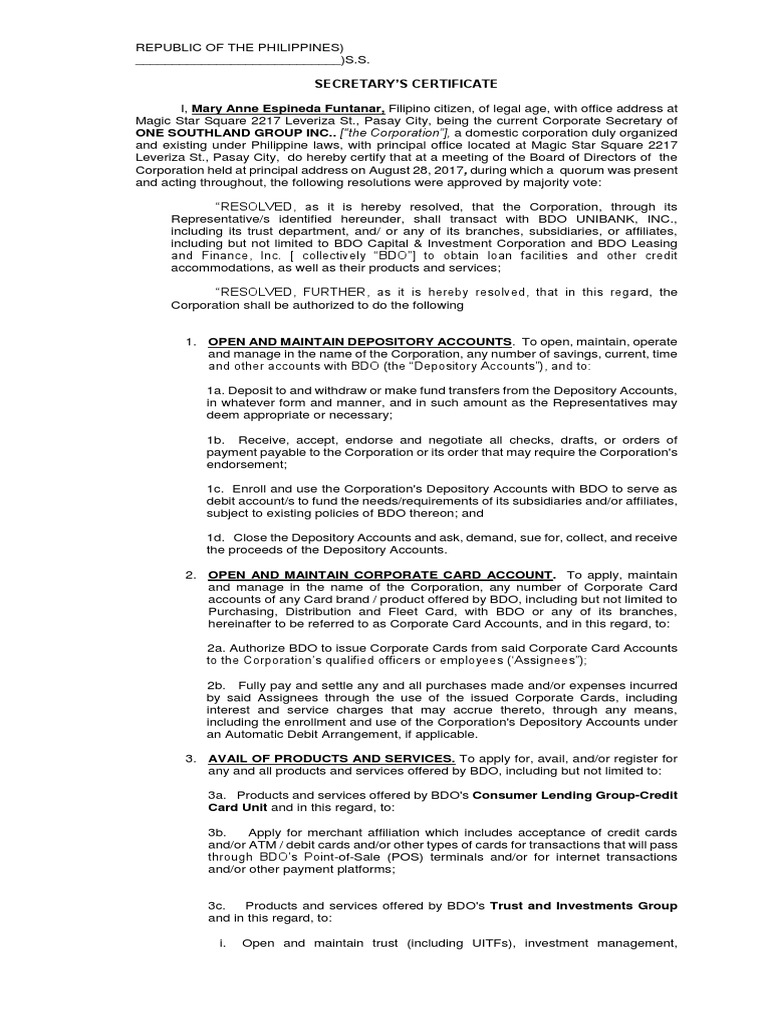 BDO. Sec Cert Doc Southland | PDF | Securities (Finance) | Debit Card