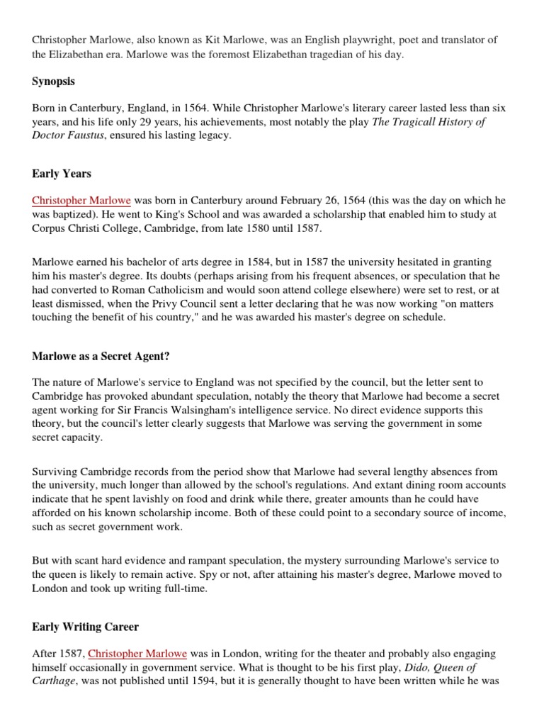 Christopher Marlowe: Playwright & Poet | PDF | Christopher Marlowe ...